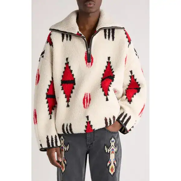Isabel Marant Marlo Fleece Quarter Zip Pullover In Ecru/ Red - 40